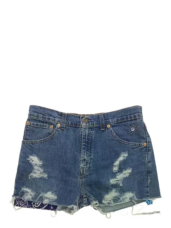 HTC LOS ANGELES Distressed Bandana-insert Denim Shorts - Blue