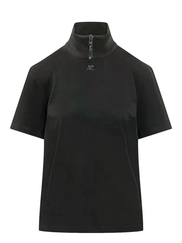COURREGES Ribbed-collar Zip-up T-shirt - Black