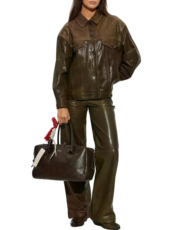 GOLDEN GOOSE Embossed Leather Trousers With Floral Detailing - Brown