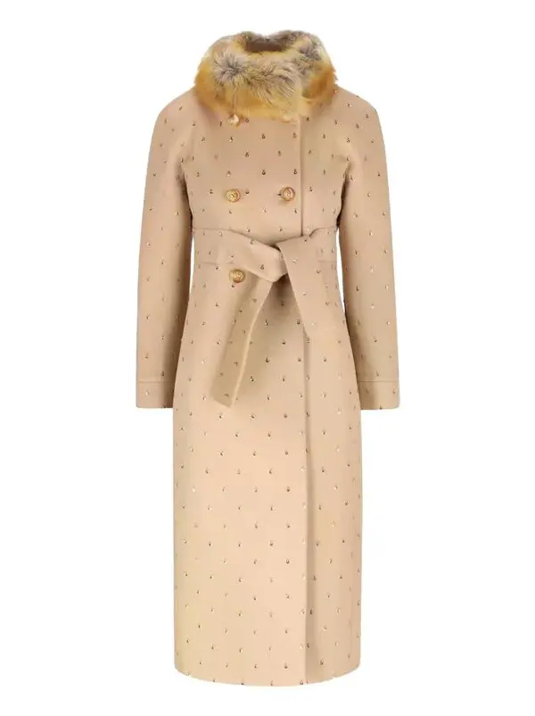 Valentino Garavani Sequin Embellished Faux Fur Collar Coat - Neutrals