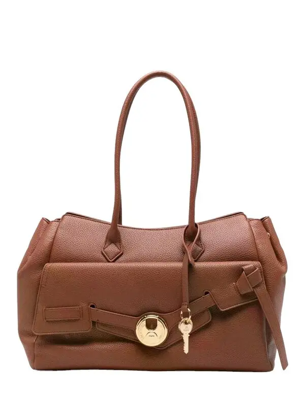 Moschino Pebbled Tote Bag With Logo Plaque - Brown
