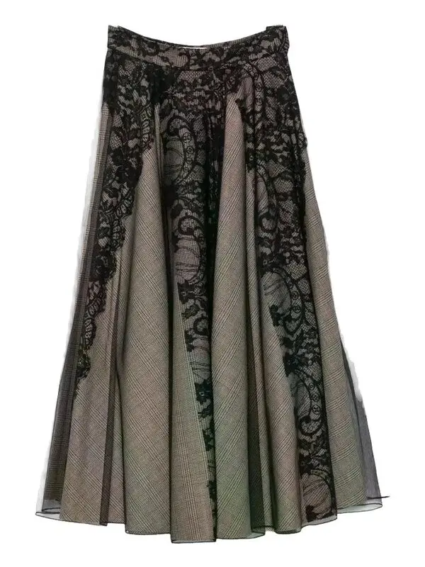QUETSCHE Lace Overlay Checked Maxi Skirt - Neutrals