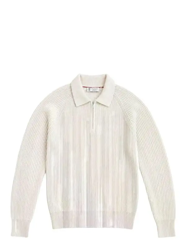 Brunello Cucinelli Ribbed-knit Long-sleeve Polo Shirt - Neutrals
