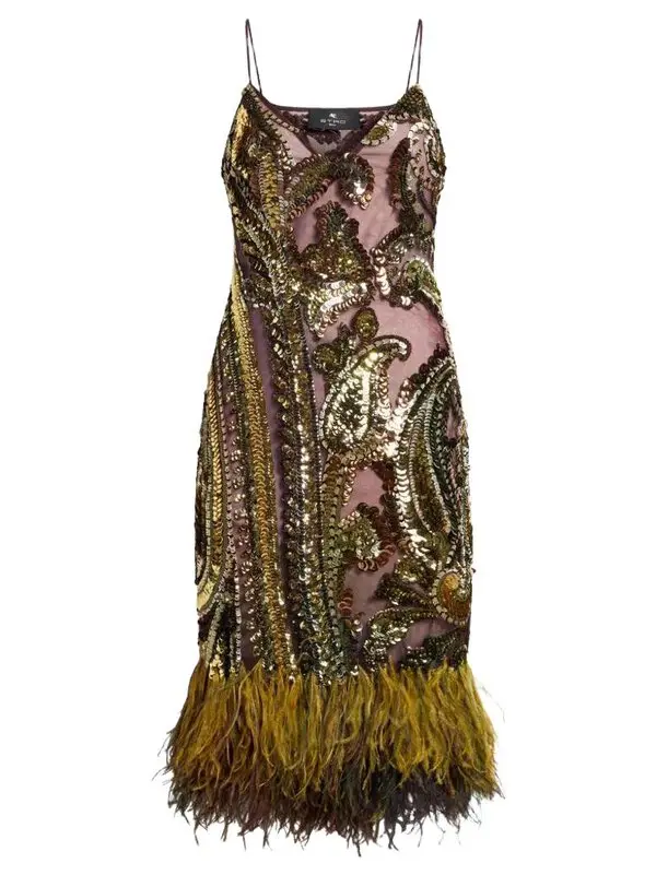 Etro Dress With Sequins And Feather Details - Gold