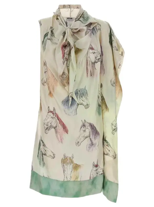 Moschino Horse-print Pussy-bow Dress - Neutrals