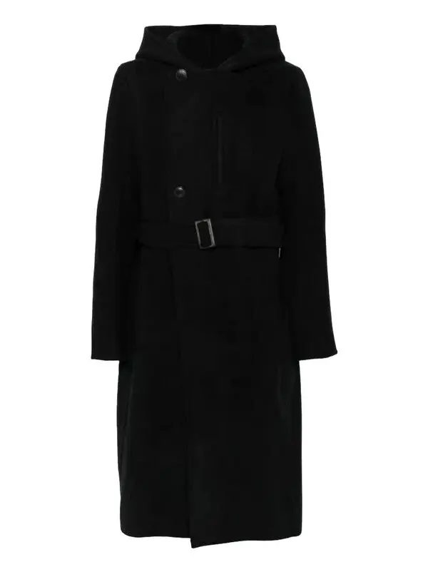 Rick Owens Belted Hooded Single Breasted Coat - Black