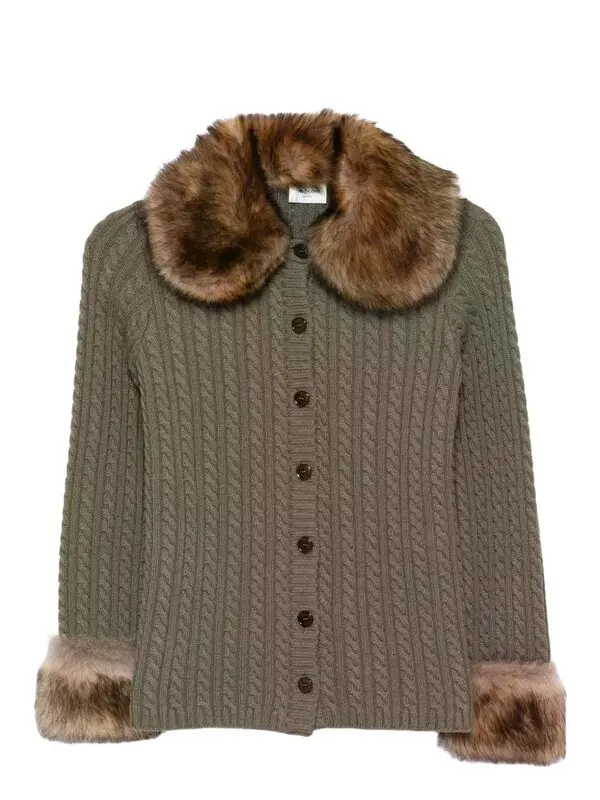 Saint Laurent Cable-knit Cardigan In Cashmere And Animal-free Fur - Green