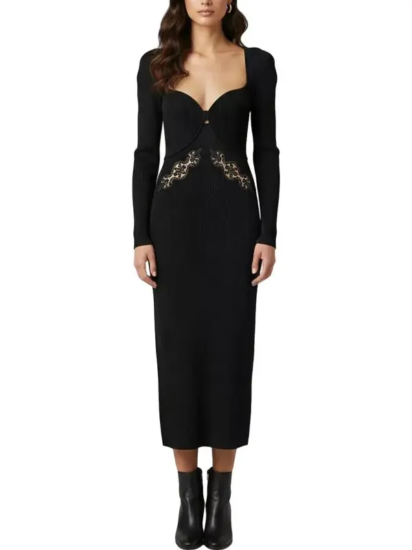 SELF-PORTRAIT Lace-appliqué Rib-knit Midi Dress - Black