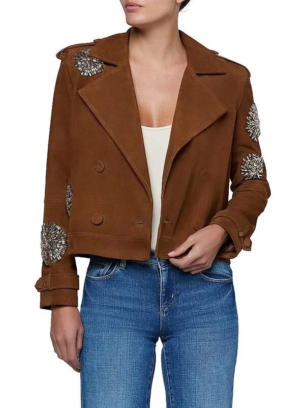 L'Agence Xoey Suede Crystal Trim Cropped Trench Coat - Walnut
