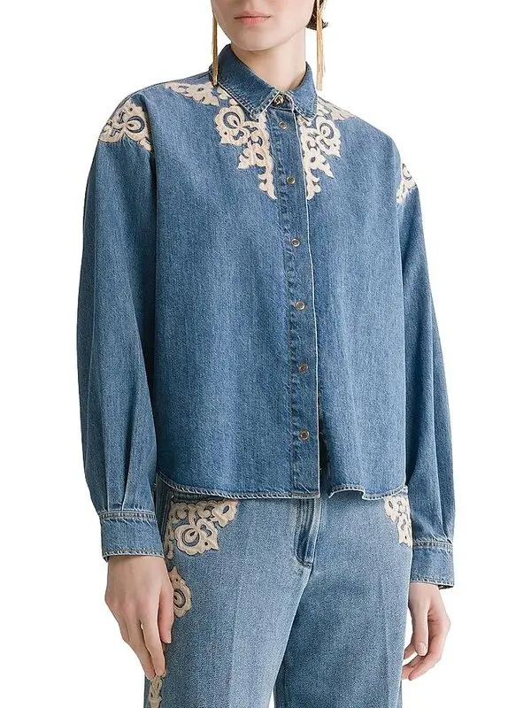FORTE_FORTE Indigo Twill Embroidered Boxy Denim Shirt - Celeste