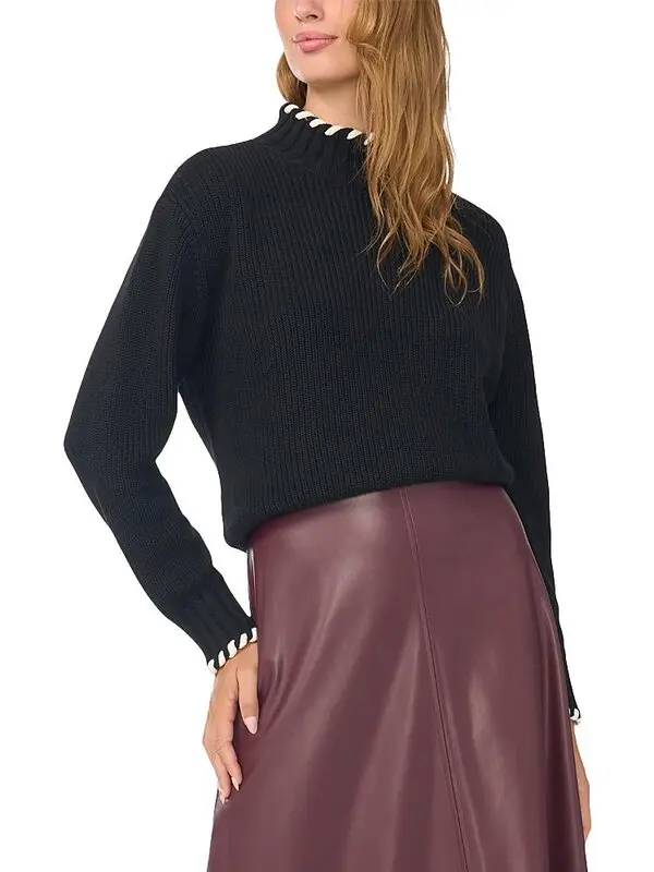 Vince Camuto Ribbed Mock Neck Sweater With Trim Detail - Rich Black