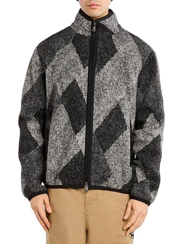 Moncler Diamond Pattern Wool Blend Zip Up Cardigan - Checkered Grey