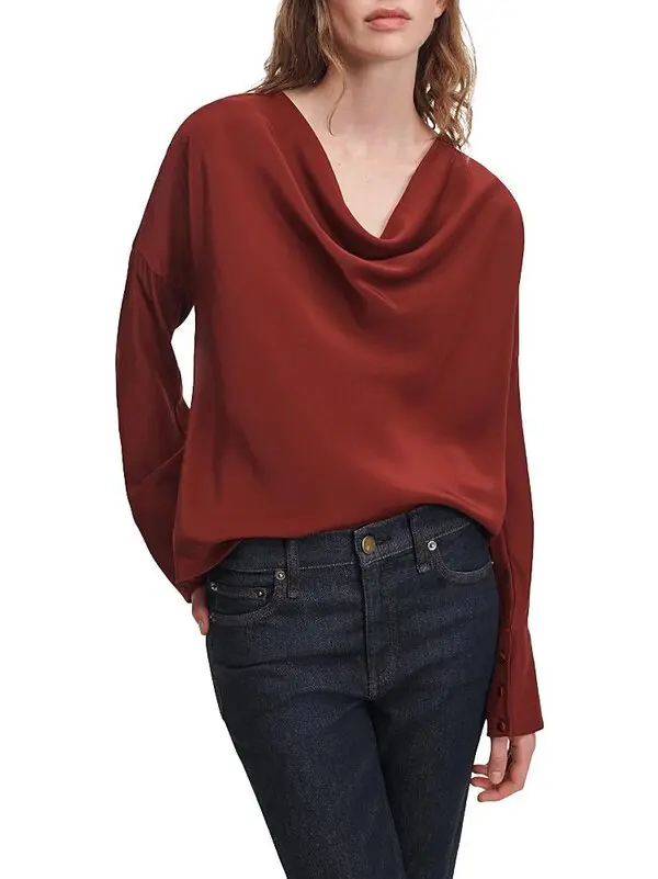 Rag & Bone Vinnie Silk Cowl Neck Blouse - Red