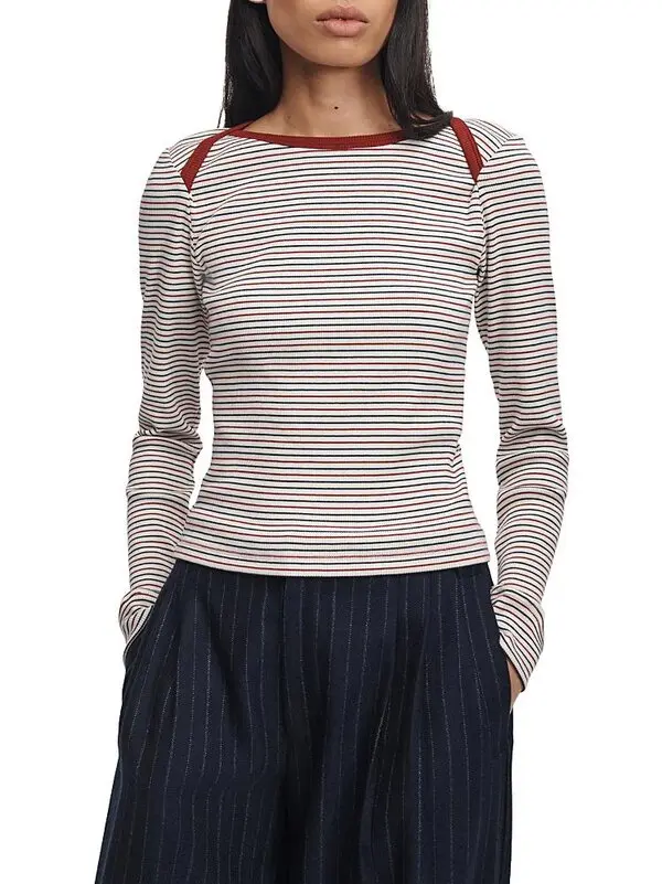 Rag & Bone Essential Cotton Blend Rib Bateau Neck Long Sleeve Top - Ivory Multi