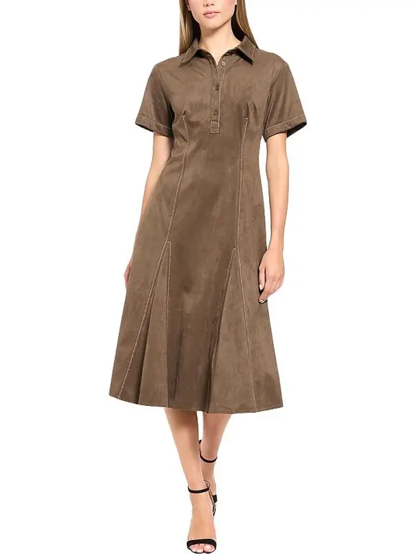 LUXELY Faux Suede Short Sleeve Midi Shirt Dress - Dark Olive