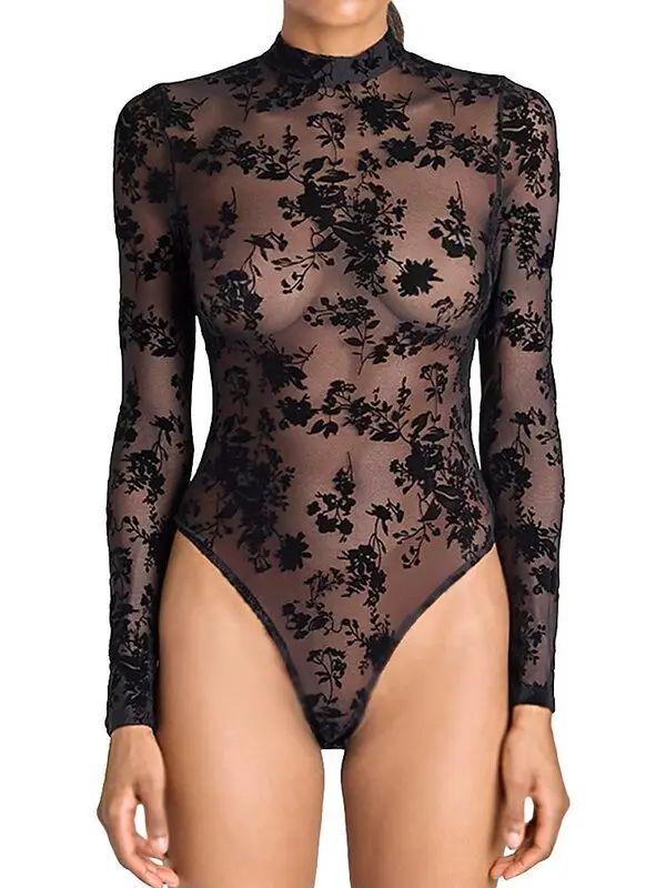 STEMS Colette Flocked Bodysuit - Black