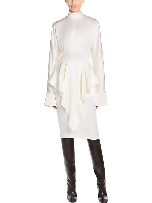 Stella McCartney High Neck Ruffle Drape Satin Midi Dress - Cream
