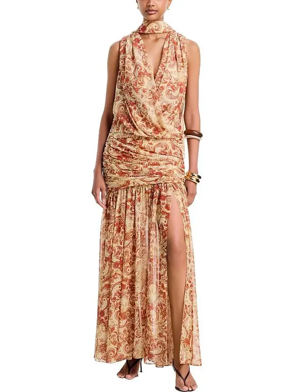 DE LA VALI Printed Draped Maxi Dress - Yellow