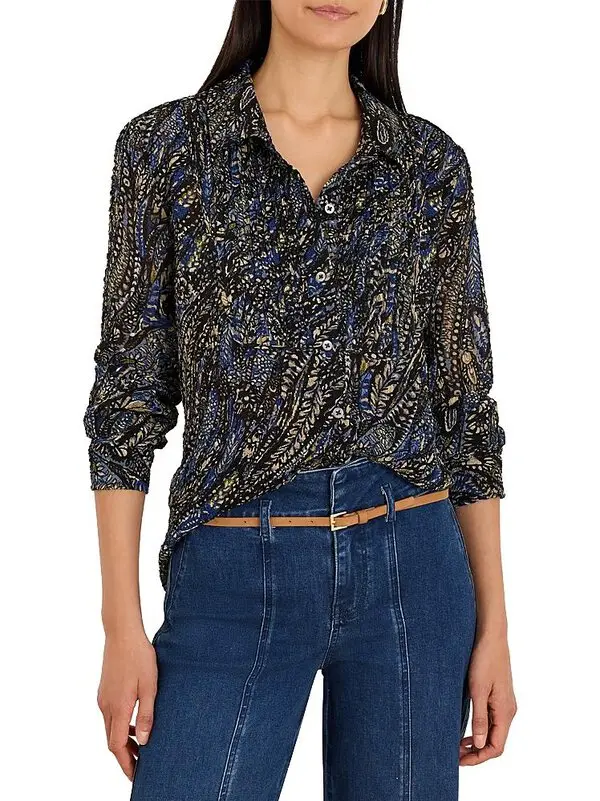 NIC+ZOE Portobello Paisley Spread Collar Chiffon Shirt - Blue Multi