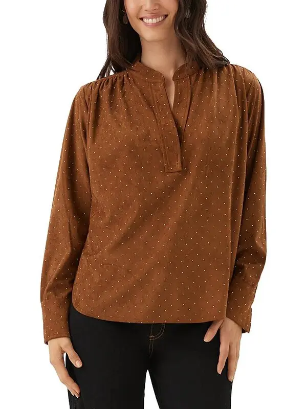 Karen Kane Faux Suede Studded Popover Shirt - Mocha