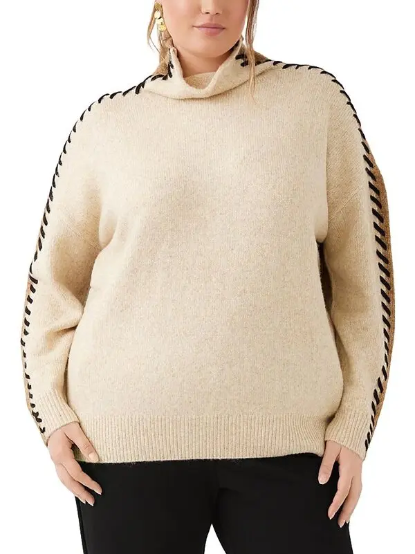 Karen Kane Whipstitched Colorblocked Turtleneck Sweater - Oat/ Camel