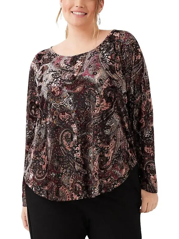Karen Kane Long Sleeve Velvet Burnout Paisley Shirttail Top - Print