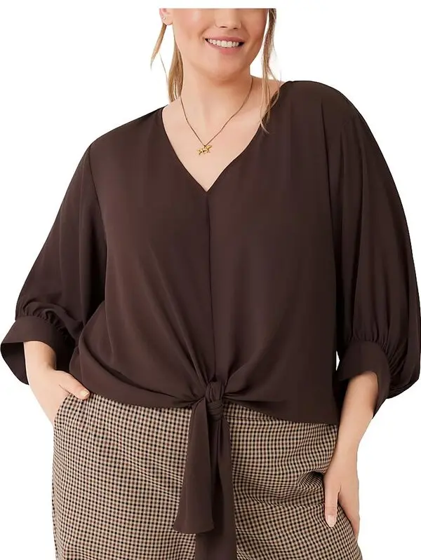 Karen Kane Tie Hem Blouson Sleeve Top - Chocolate