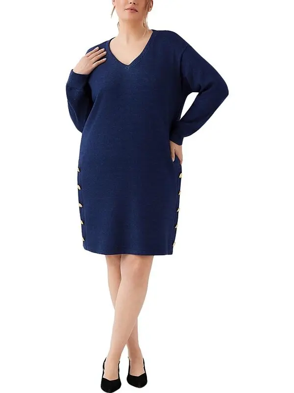 Karen Kane Plus Long Sleeve Button Detail Dress - Blue