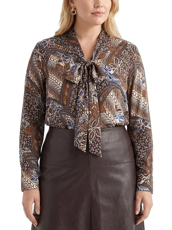 Karen Kane Size Printed Tie Neck Long Sleeve Top - Print
