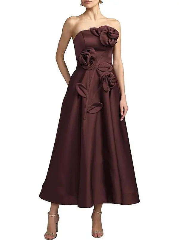 Mac Duggal Strapless Satin A-line Gown With 3d Floral Applique - Wine