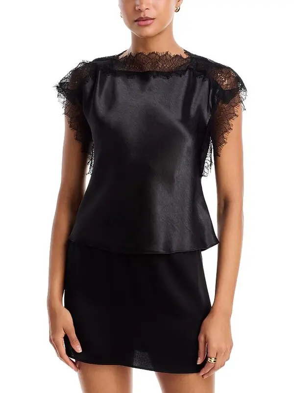 Aqua Lace Trim Satin Top - Black