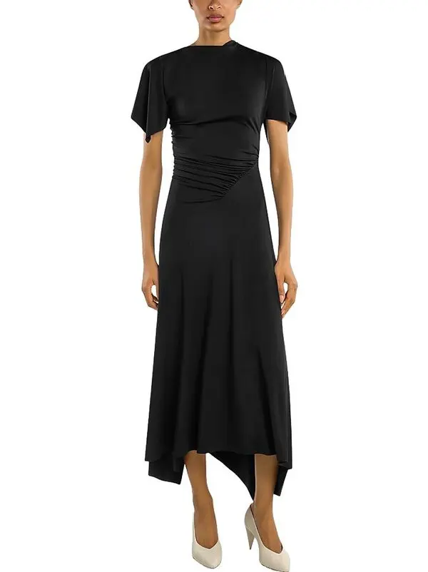 Victoria Beckham Round Neck Blousey Slit Sleeve Midi Dress - Black