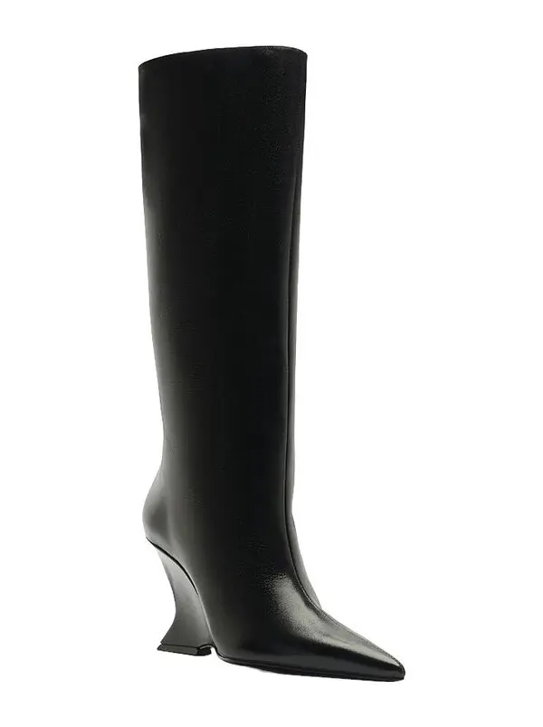 Schutz Siena Sculptural Heel Knee High Leather Boots - Black