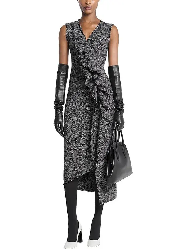 Michael Kors Tweed Frayed Ruched Sheath Dress - Black/ivory
