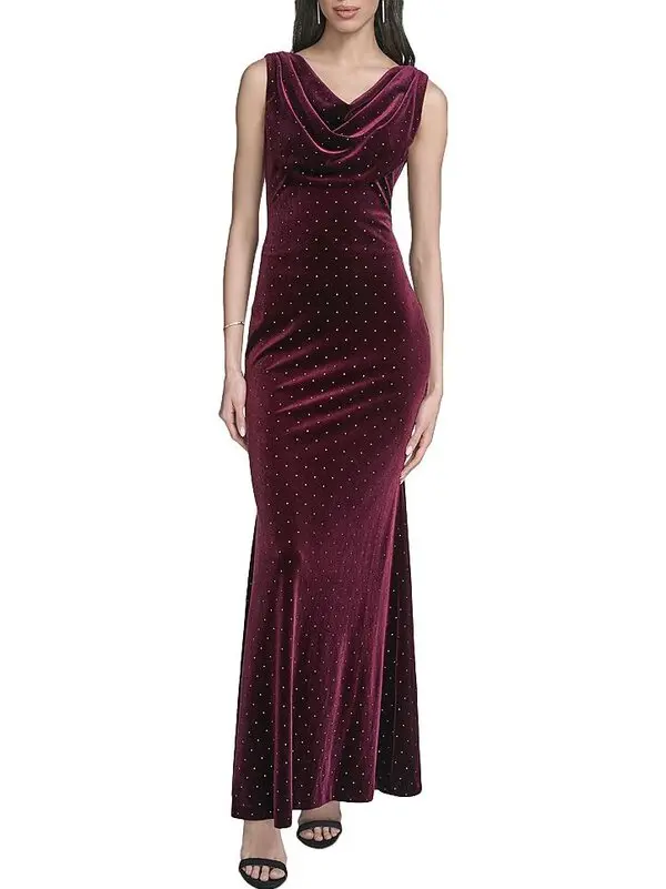 Eliza J Velvet Embellished Drape Neck Gown - Wine
