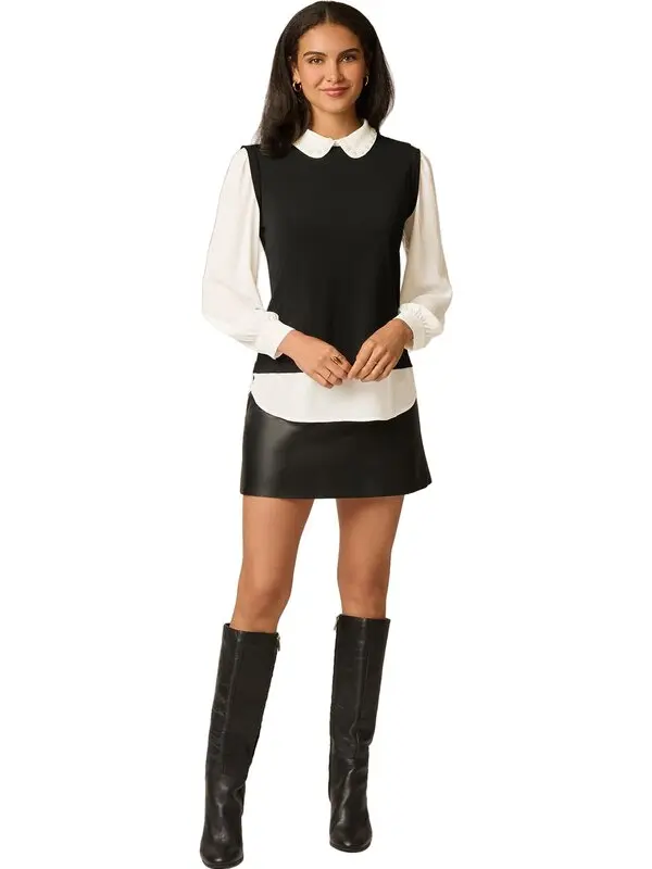 Adrianna Papell Two-piece Collar Sweater Vest Top - Black/ivory