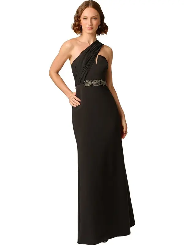 Aidan Mattox Strapless Beaded Waist Draped Scarf Gown - Black