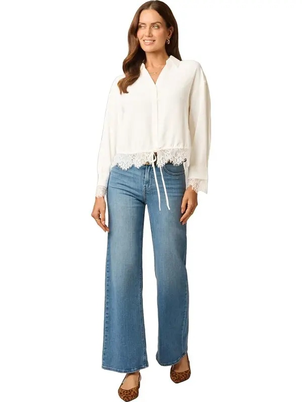 Adrianna Papell Long Sleeve Lace Trim Drawstring Hem Blouse - Ivory