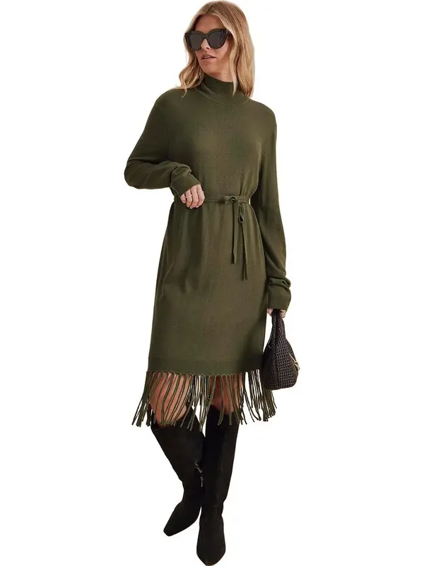 Splendid Sadie Fringe Sweater Dress - Pine