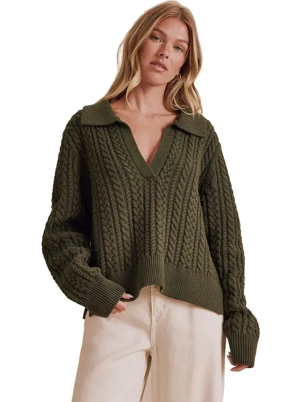 Splendid Jenson Polo Cable Knit Sweater - Pine