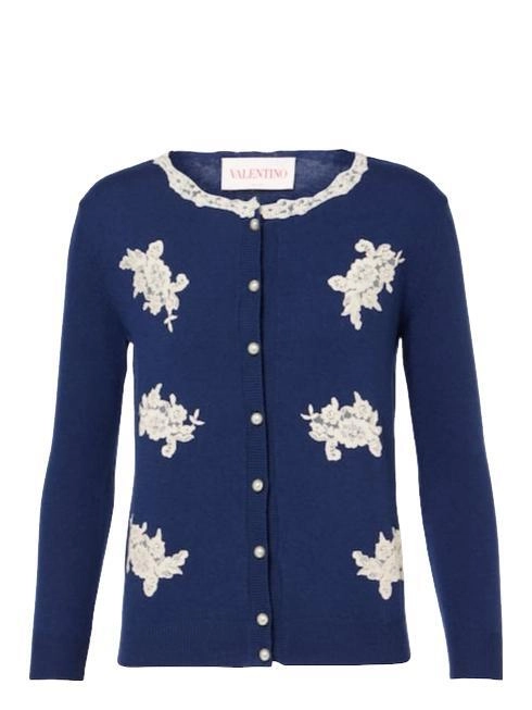 Valentino Garavani Lace-trimmed Virgin Wool Cardigan - Blue