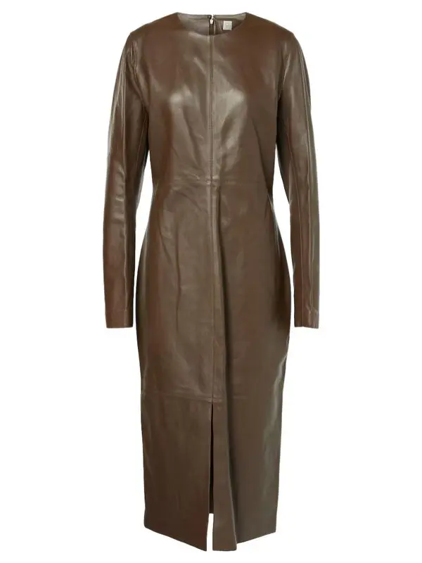 TOTEME Round Neck Long Sleeve Leather Dress With Slit Hem - Brown