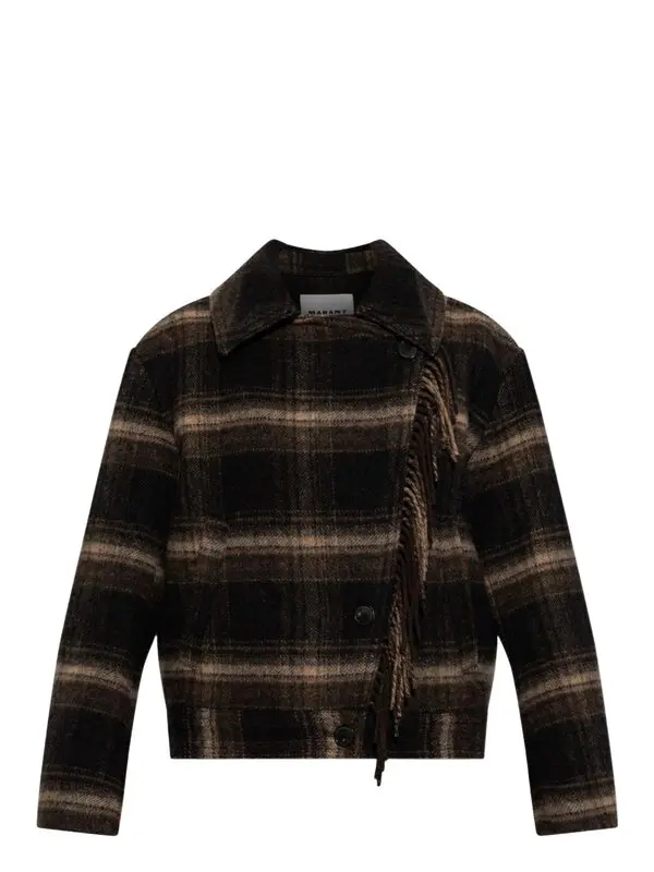 Isabel Marant Étoile Galeane Cropped Plaid Wool-blend Jacket With Tassel Detailing - Black/khaki
