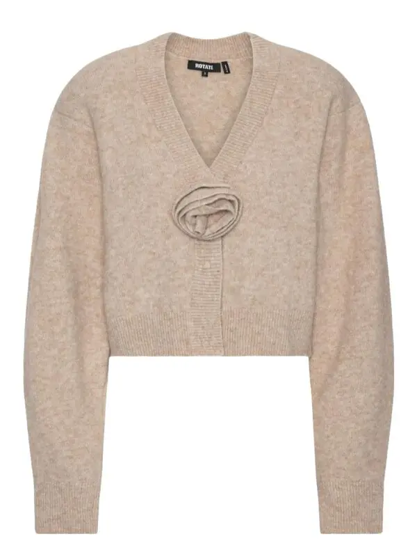 ROTATE BY BIRGER CHRISTENSEN Cropped V-neck Cardigan With Rose Applique - Nude