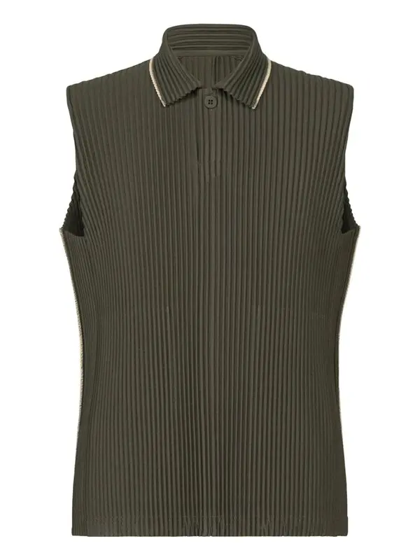 Issey Miyake Sleeveless Pleated Vest With Embroidered Stripes - Gray-brown