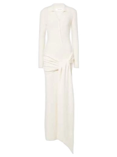 AYA MUSE V-neck Long Sleeve Maxi Dress With Front Knot Detail - White