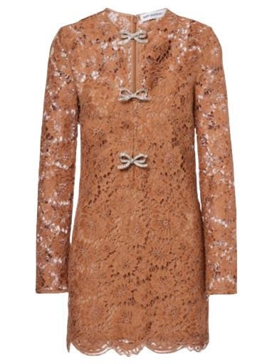 SELF-PORTRAIT Lace Mini Dress With Crystal Bow Details - Brown