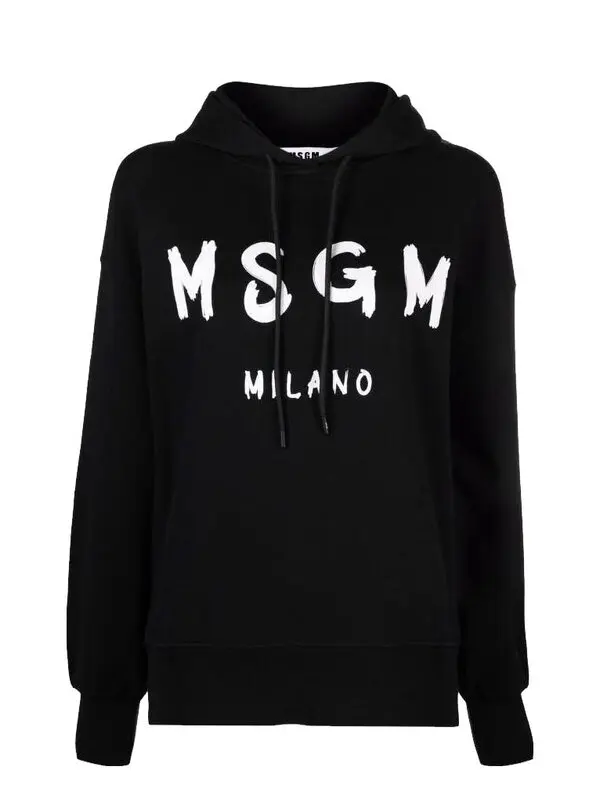 MSGM Logo Printed Drawstring Hoodie - Black