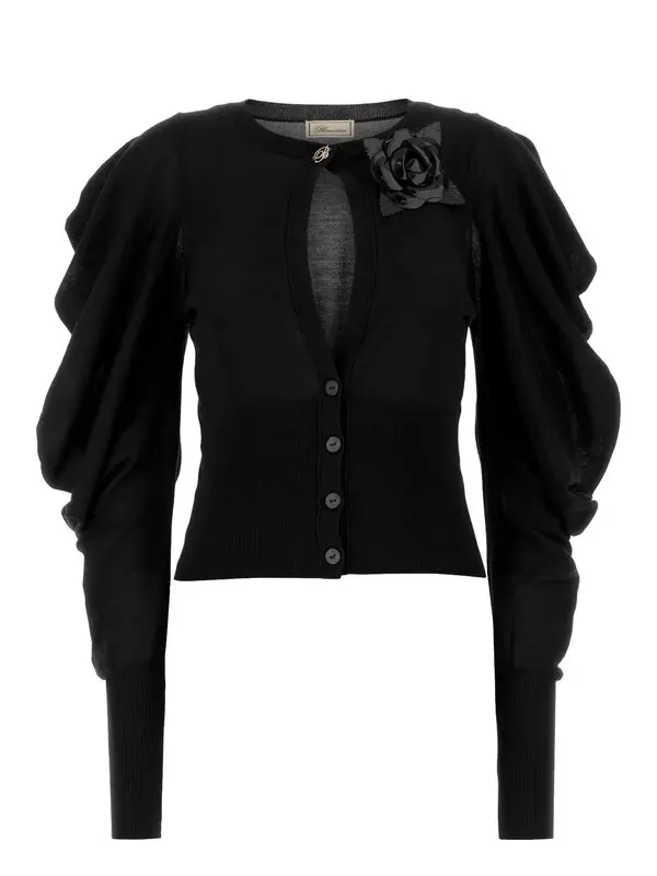 Blumarine Wool Cardigan With Floral Applique - Black