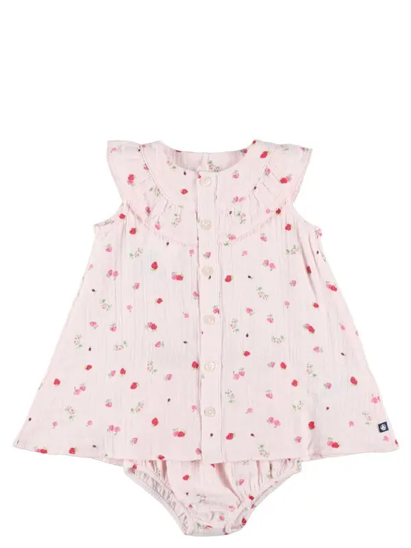 Petit Bateau Mini Sleeveless Cotton Gauze Dress With Picot Ruffle Sleeves & Bloomers - Rosa